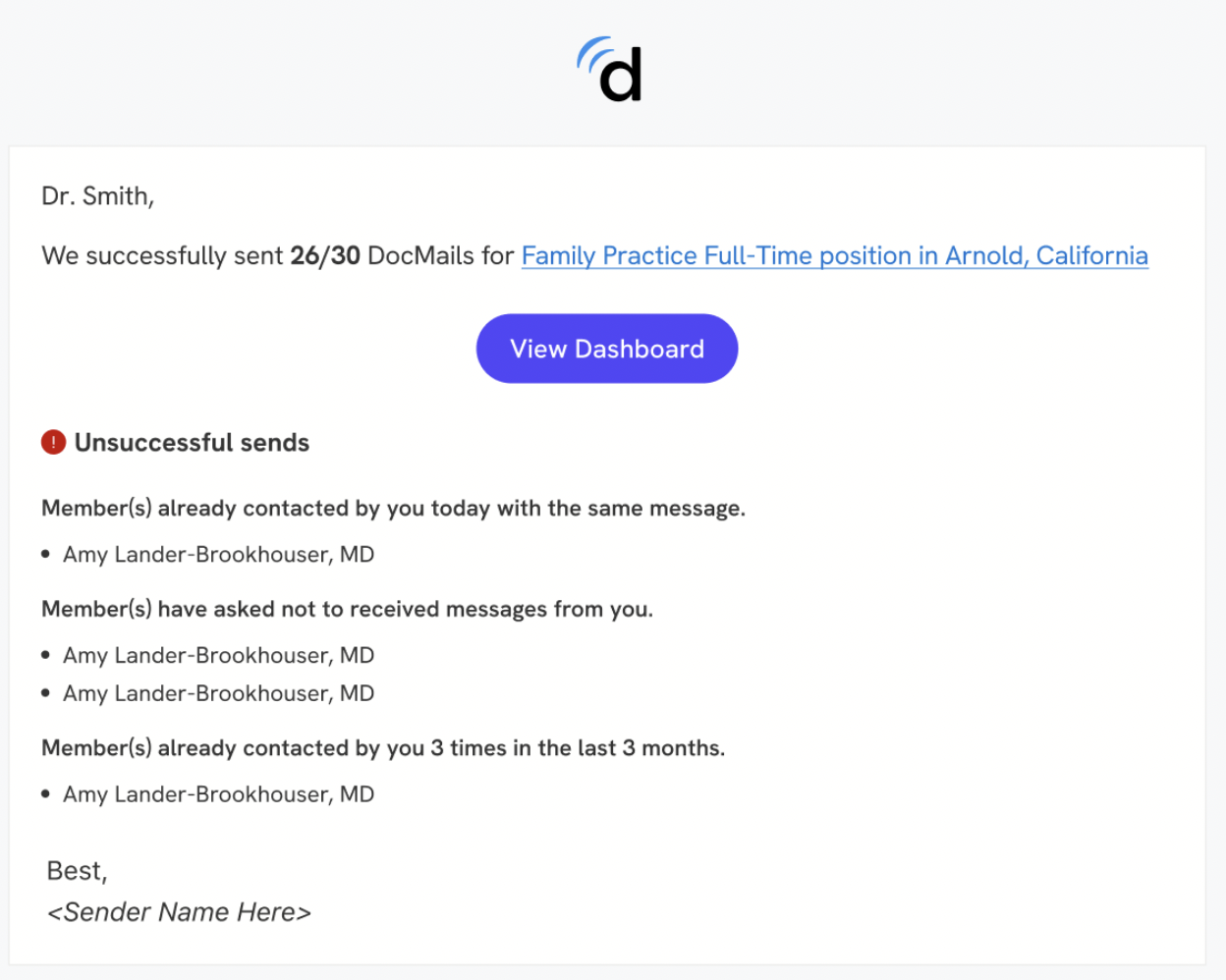 DocMail send confirmation emails – Doximity Talent Finder